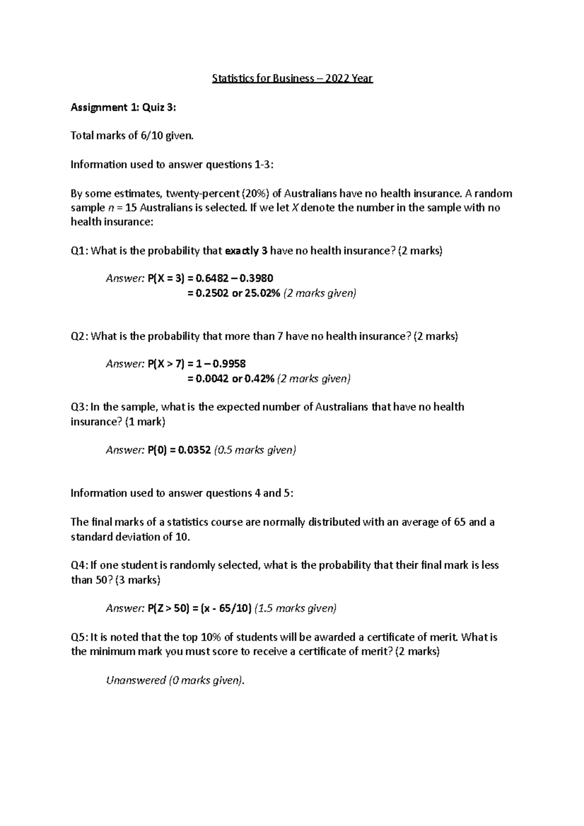 SB Quiz 3 Answers - Assignment 1: Quiz 3 - Statistics for Business – 2022 Year Assignment 1 ...