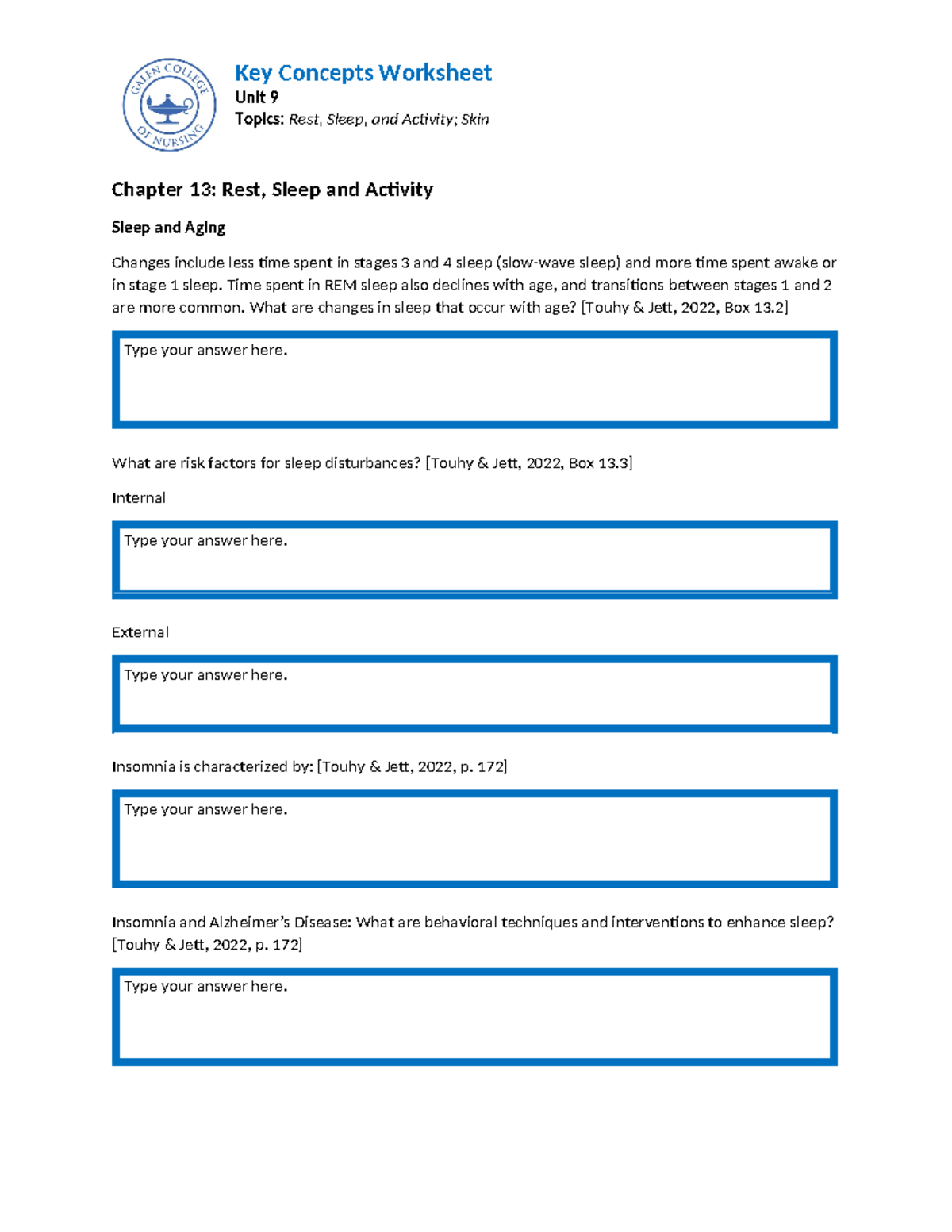 Unit 9 Key Concepts Worksheet - Unit 9 Topics: Rest, Sleep, and ...