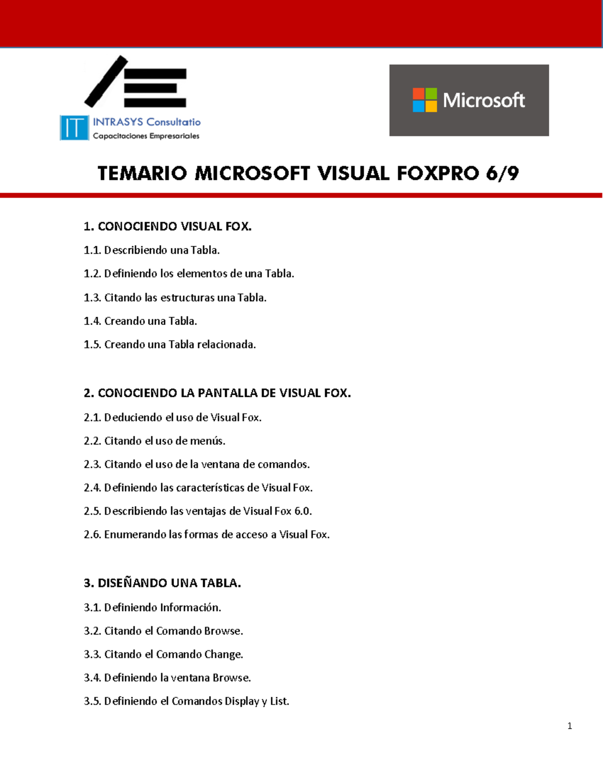 Temario DE Visual Foxpro - 1. CONOCIENDO VISUAL FOX. 1. Describiendo una Tabla. 1. Definiendo ...