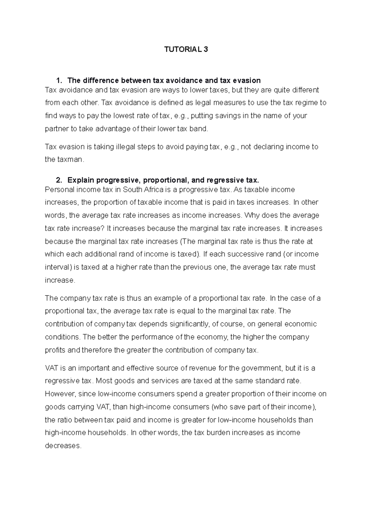 Economics Tutorial 2 - Eco - TUTORIAL 3 The difference between tax avoidance and tax evasion Tax ...
