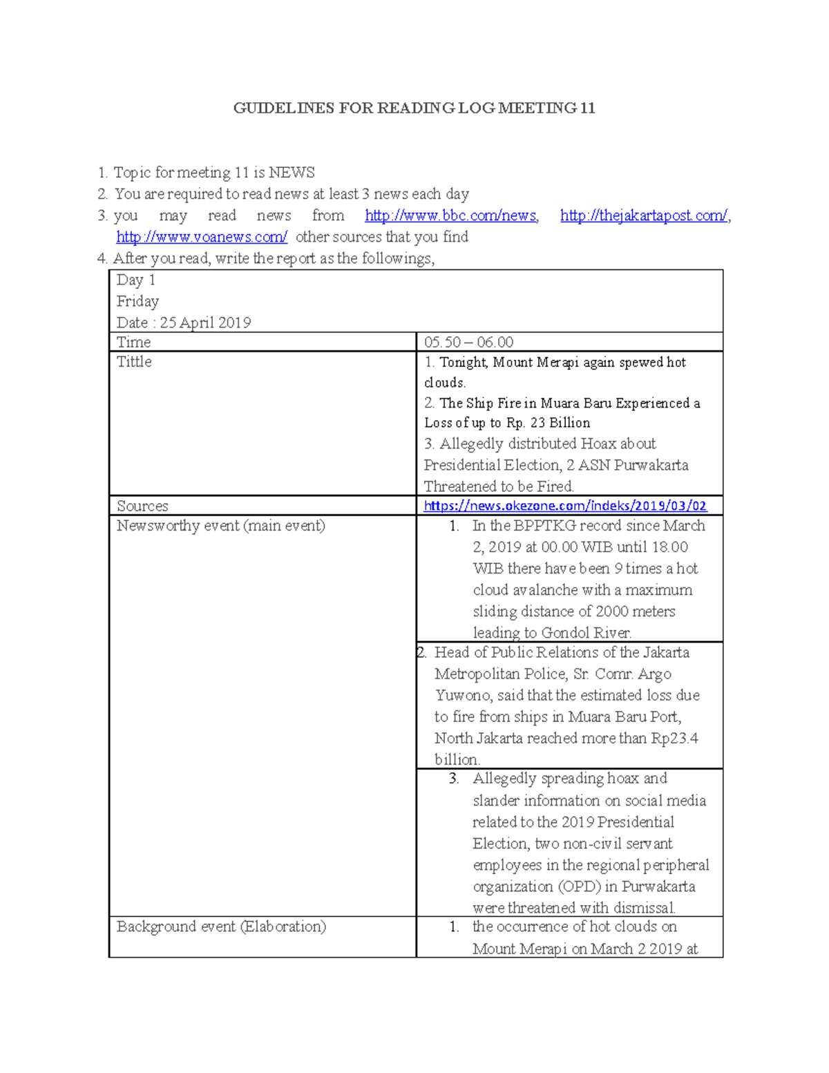 Guidelines FOR Reading LOG NEWS - GUIDELINES FOR READING LOG MEETING 11 ...