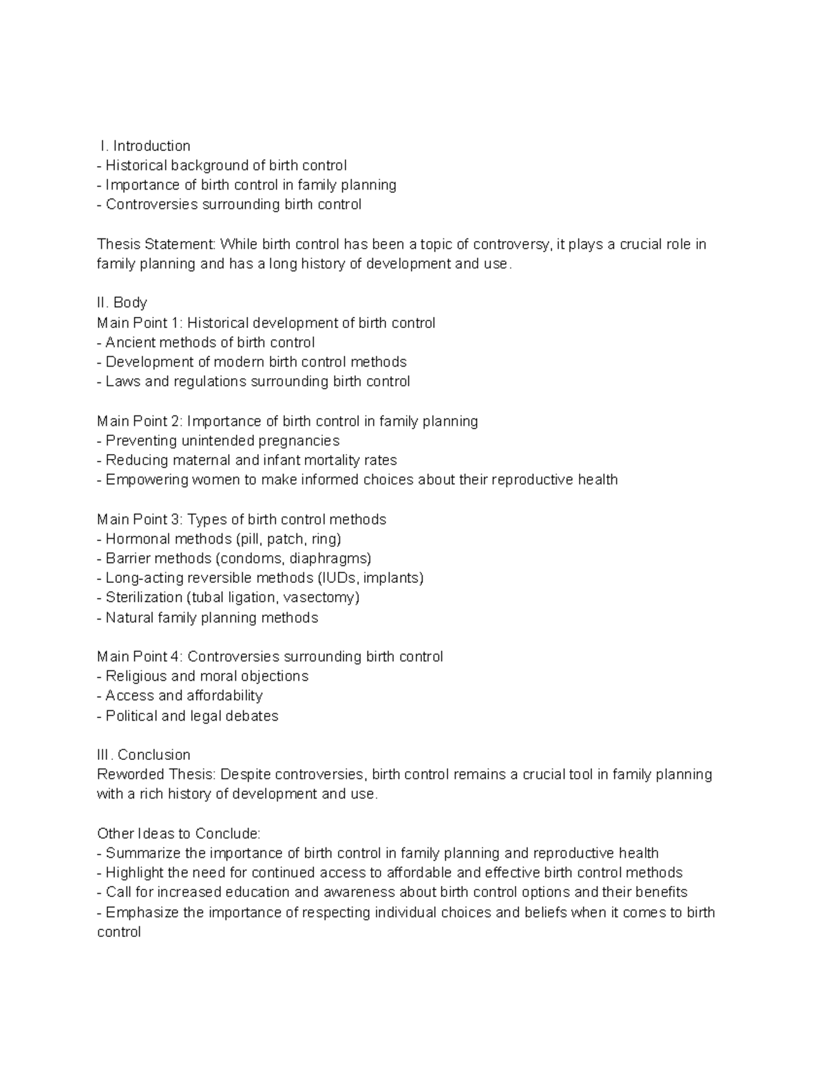 Outline - I. Introduction Historical background of birth control ...