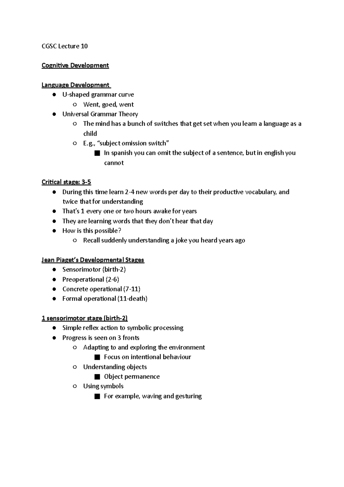 CGSC Lecture 10 - CGSC Lecture 10 Cognitive Development Language ...