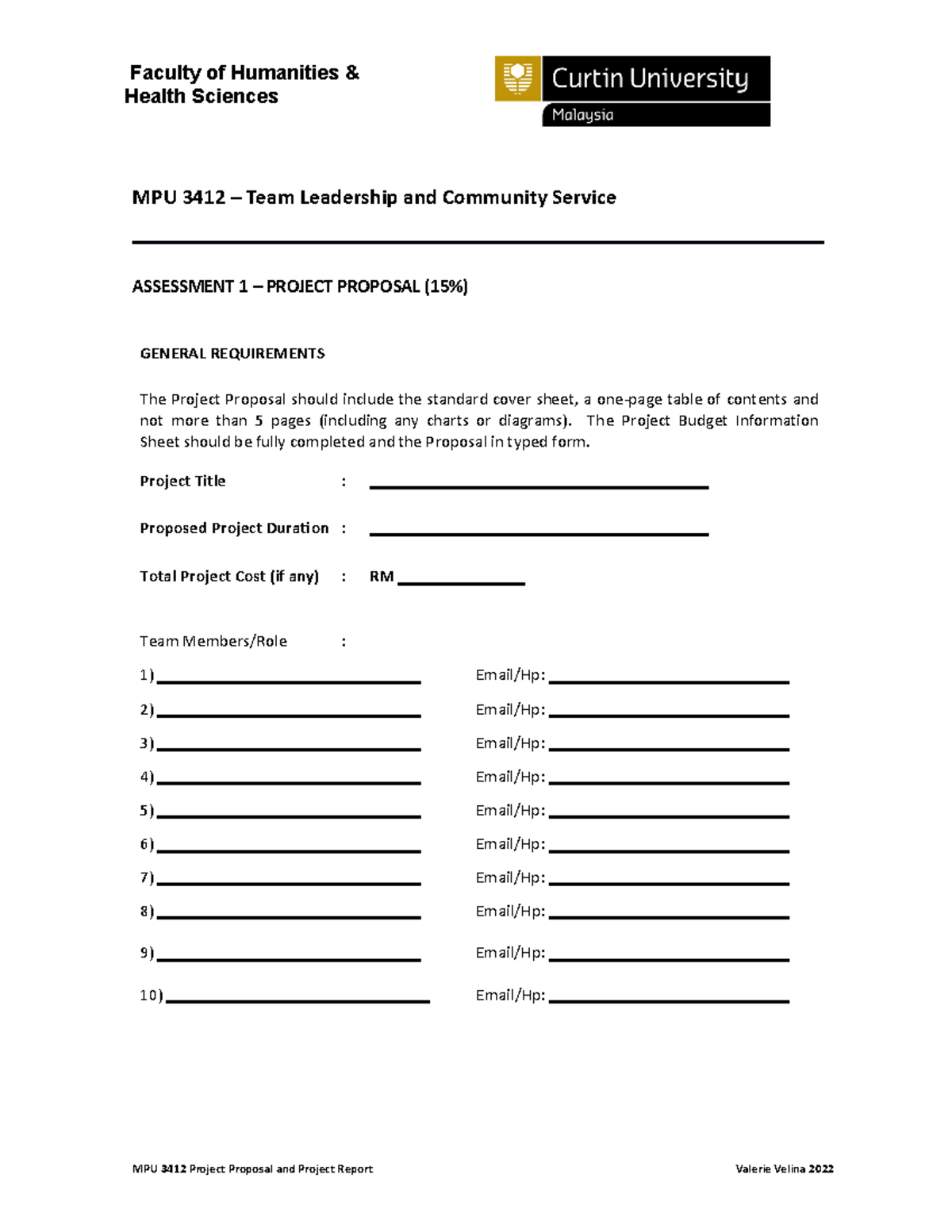 MPU4 Project Proposal template - Faculty of Humanities & Health ...