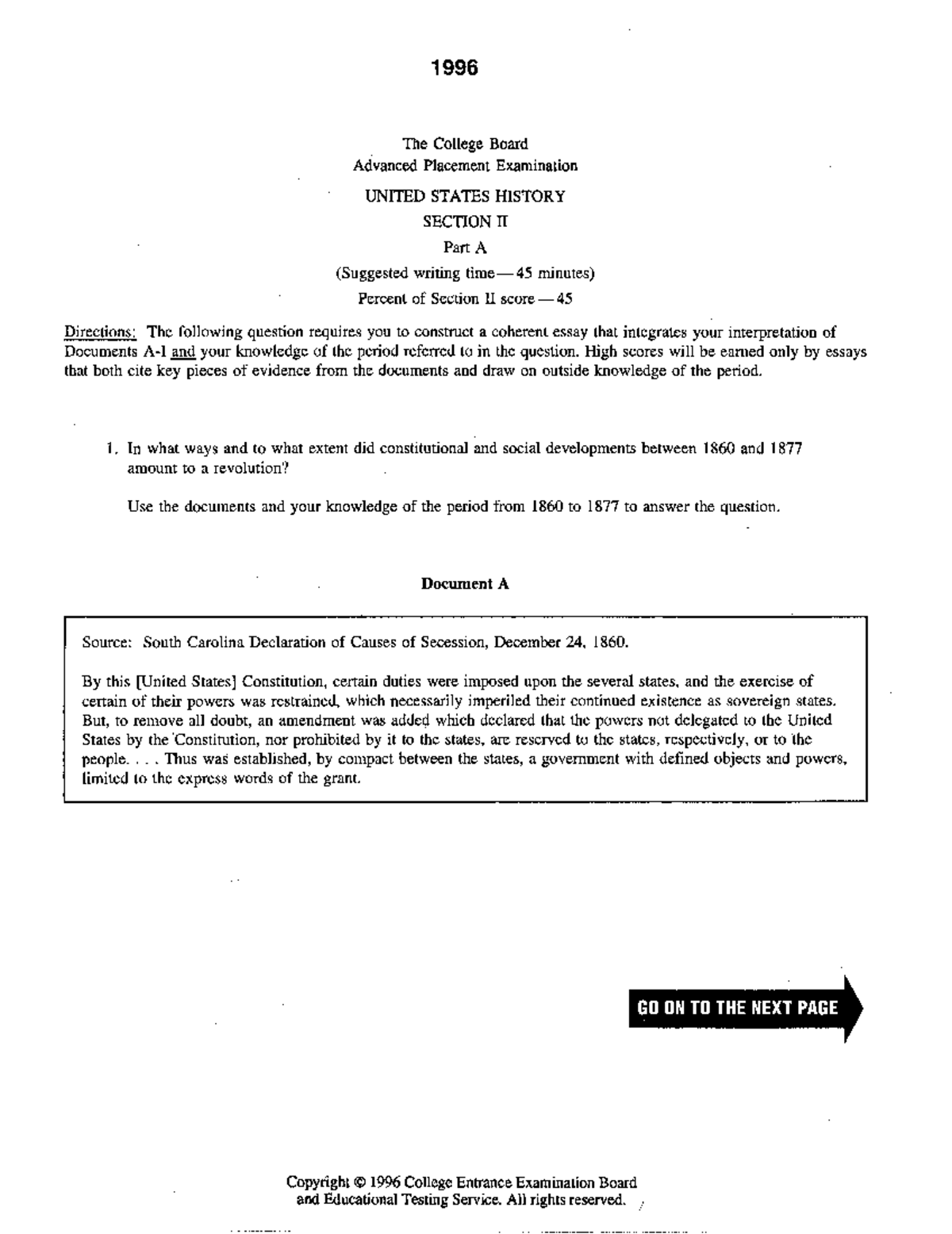 1996 DBQ - Reconstruction - The College Board Advanced Placement ...