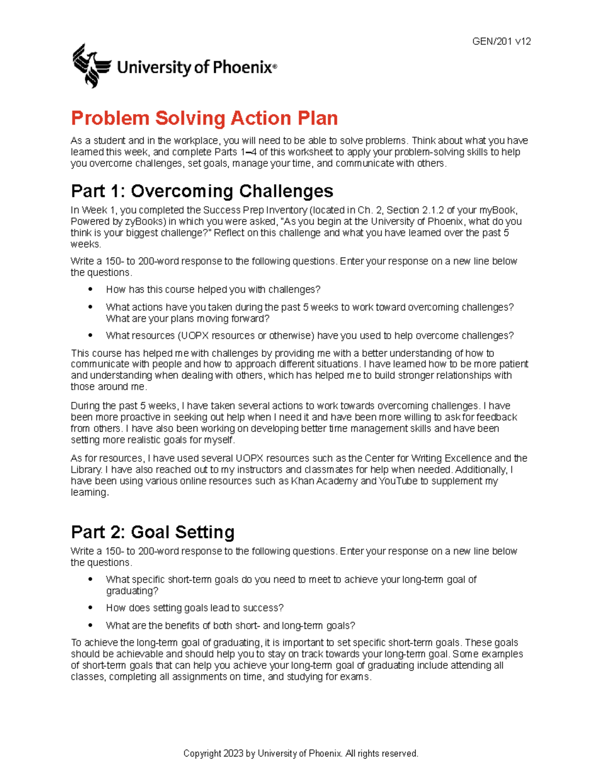 Gen201 v12 wk5 problem solving action plan - GEN/201 v Problem Solving ...