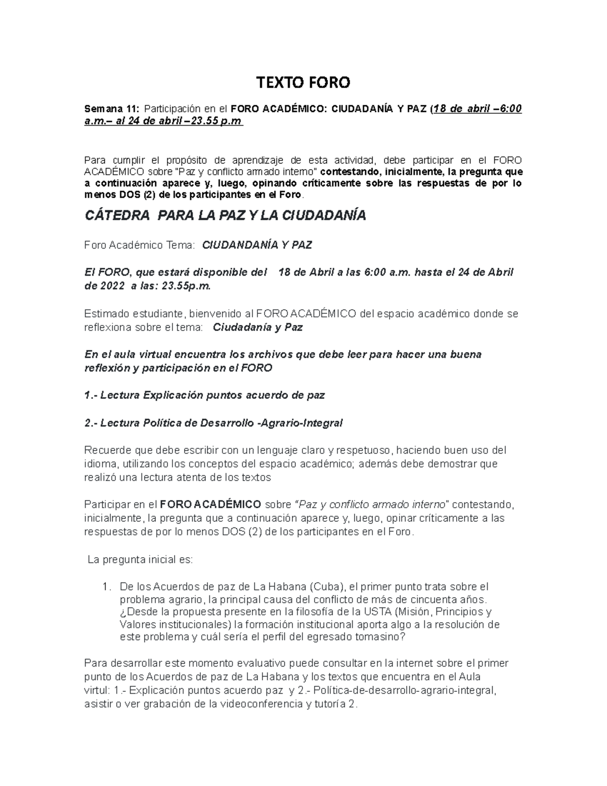 Texto FORO - FORO - TEXTO FORO Semana 11: Participación en el FORO ...