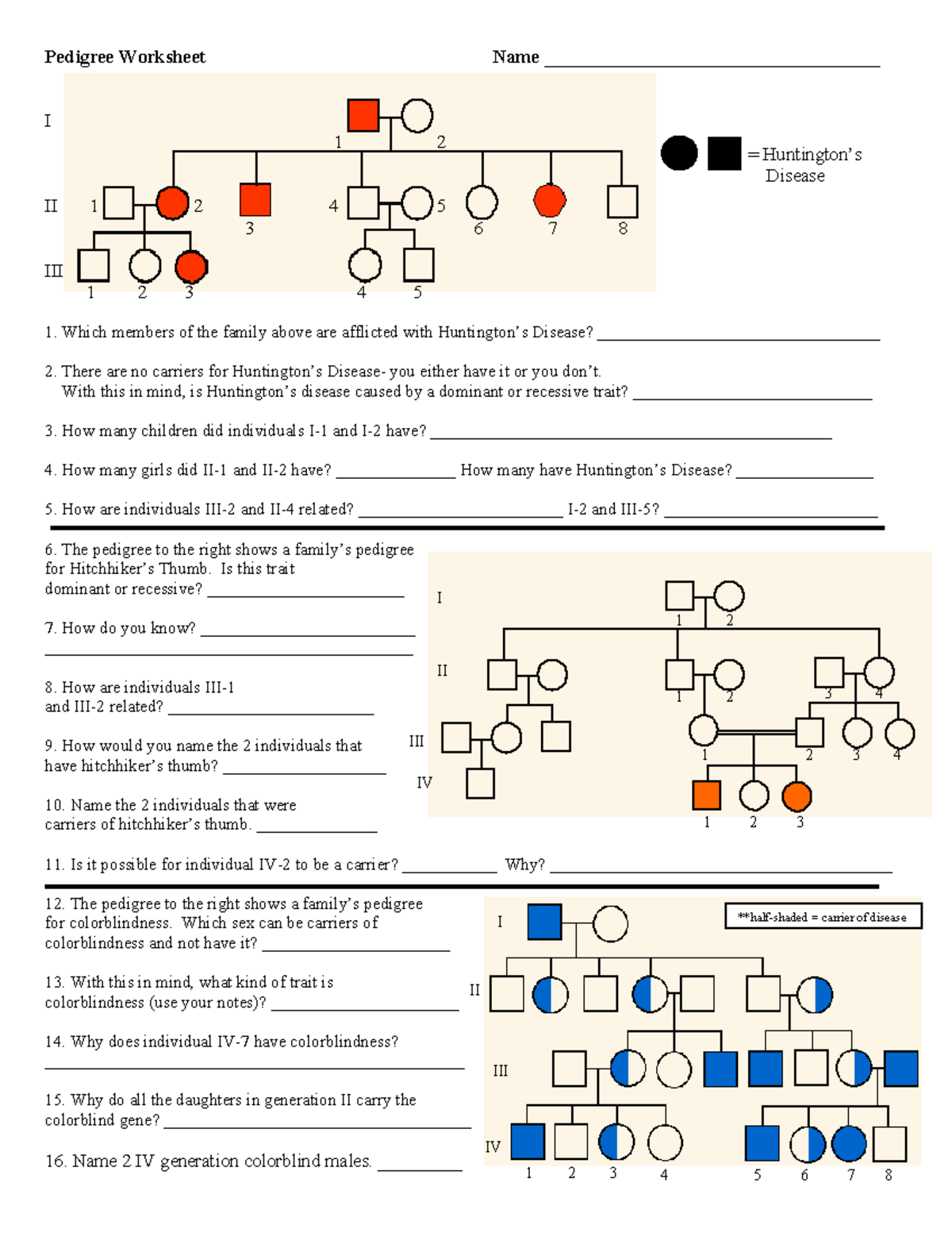Pedigree genetics problems - Pedigree Worksheet Name