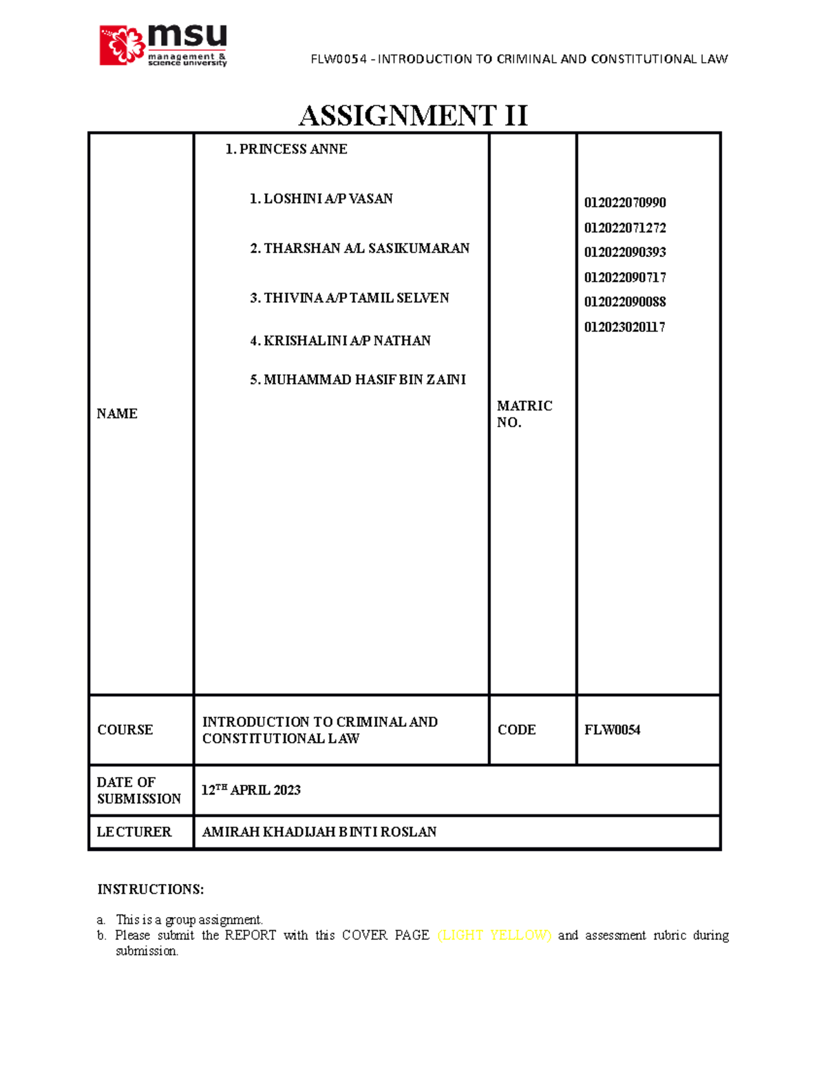 A2 criminal law - ASSIGNMENT II NAME PRINCESS ANNE LOSHINI A/P VASAN ...