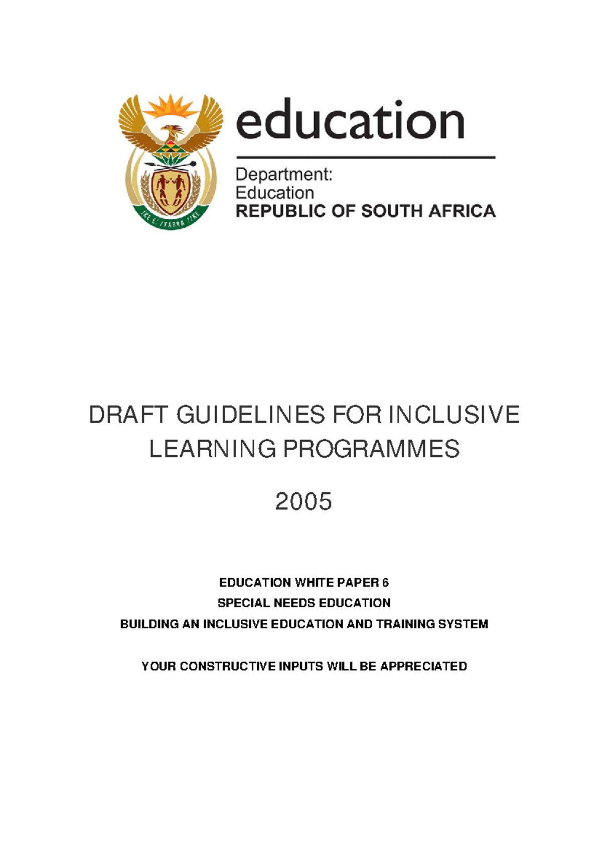 Guidelines For Inclusive Learning Programmes. 2005 - DRAFT GUIDELINES ...