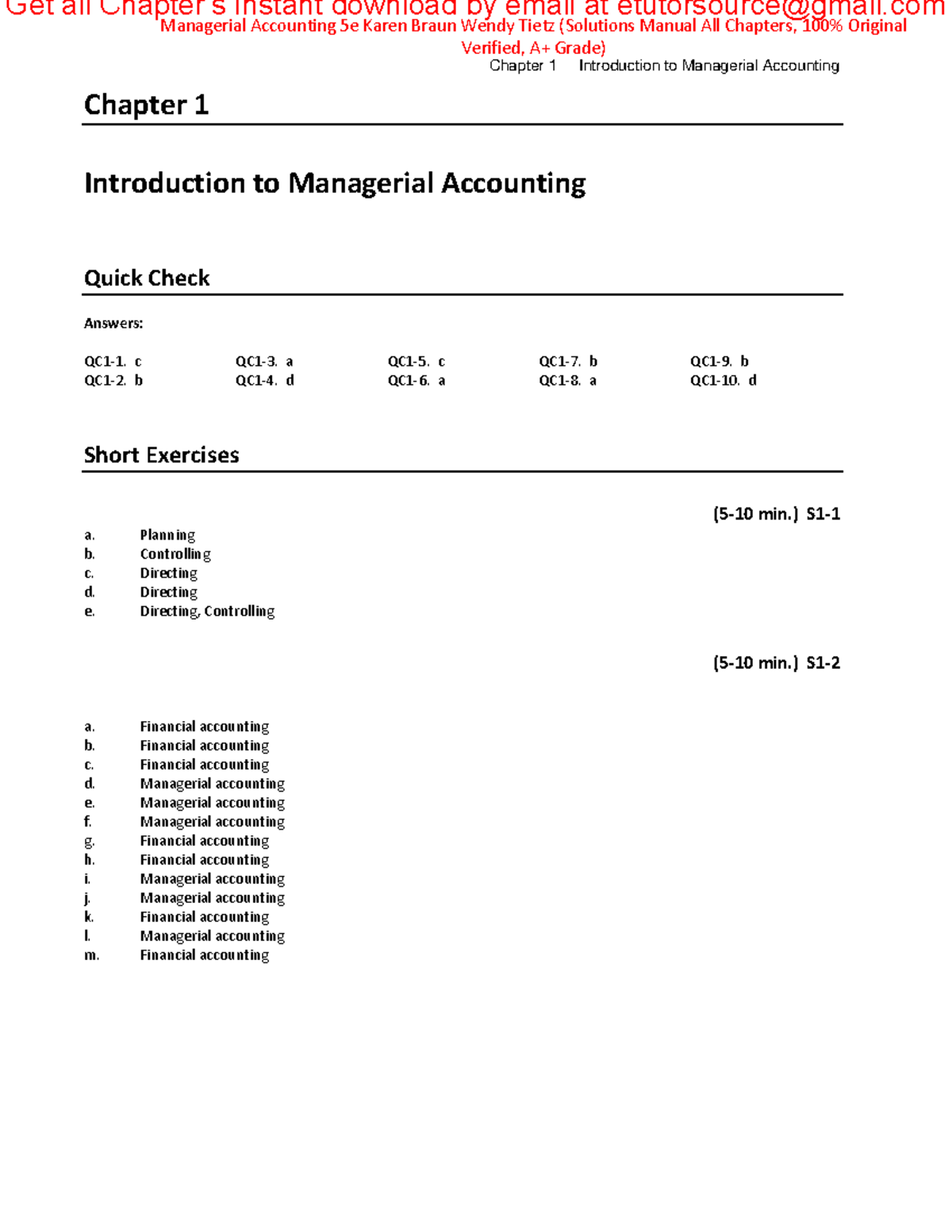 Solutions Manual For Managerial Accounting 5e Karen Braun Wendy Tietz - Chapter 1 Introduction ...