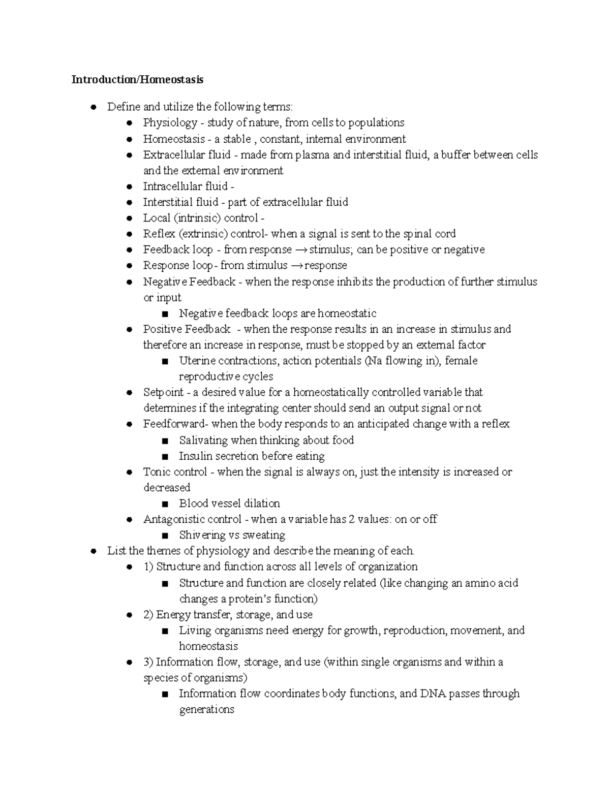 Physio Exam #1 Study Guide - Introduction/Homeostasis Define and ...