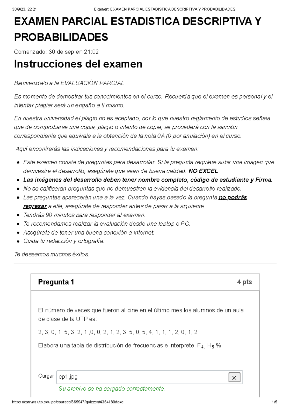 Examen Examen Parcial Estadística Descriptiva Y Probabilidades - EXAMEN PARCIAL ESTADISTICA ...