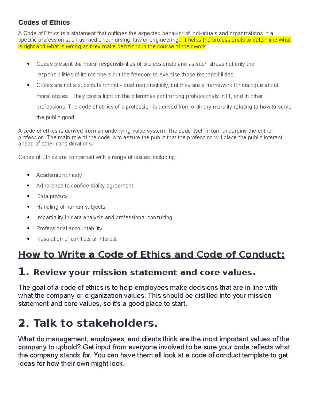 Codes of Ethics - It helps the professionals to determine what ...