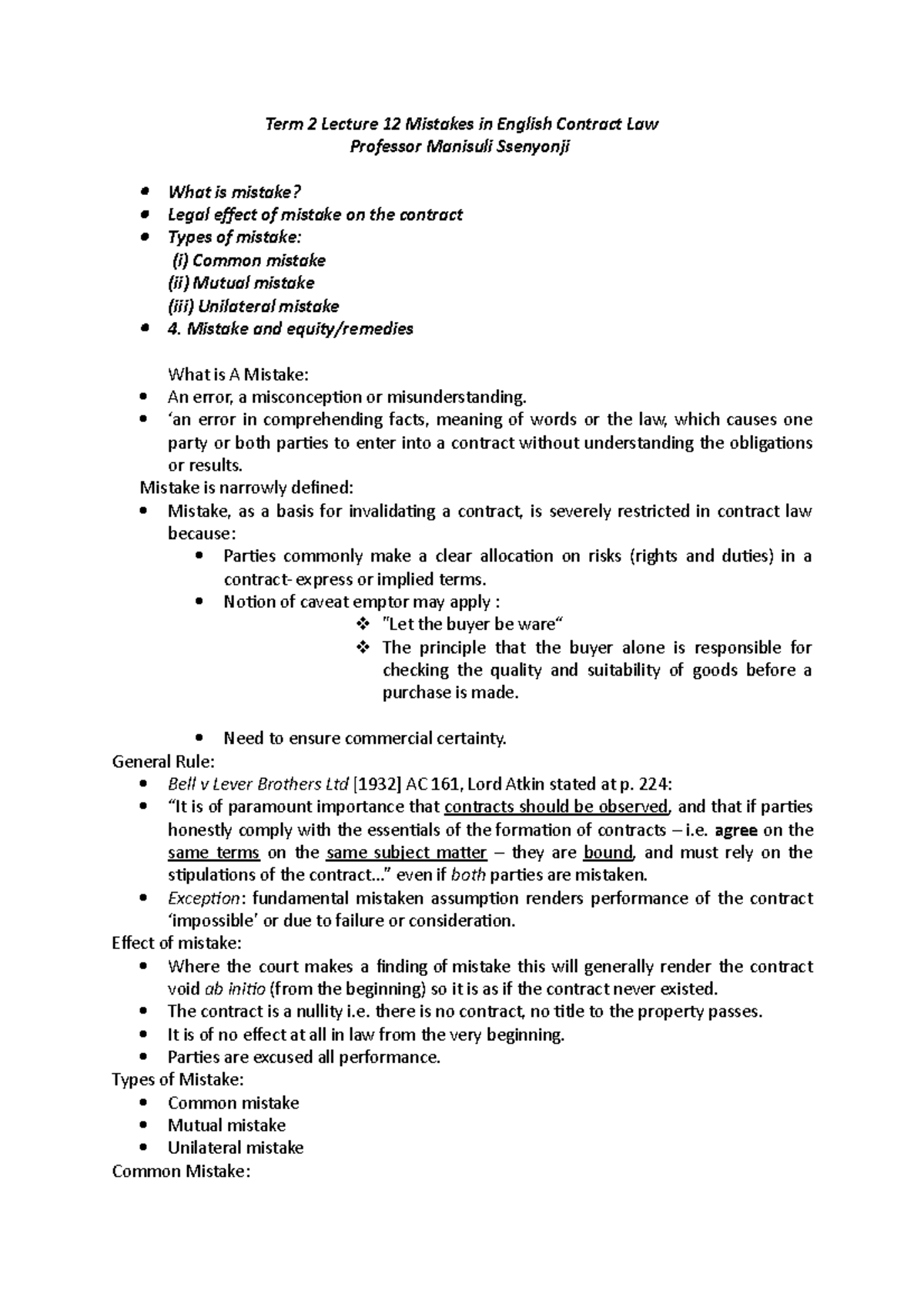 Term 2 Lecture 12 Mistakes in English Contract Law - Mistake and equity ...