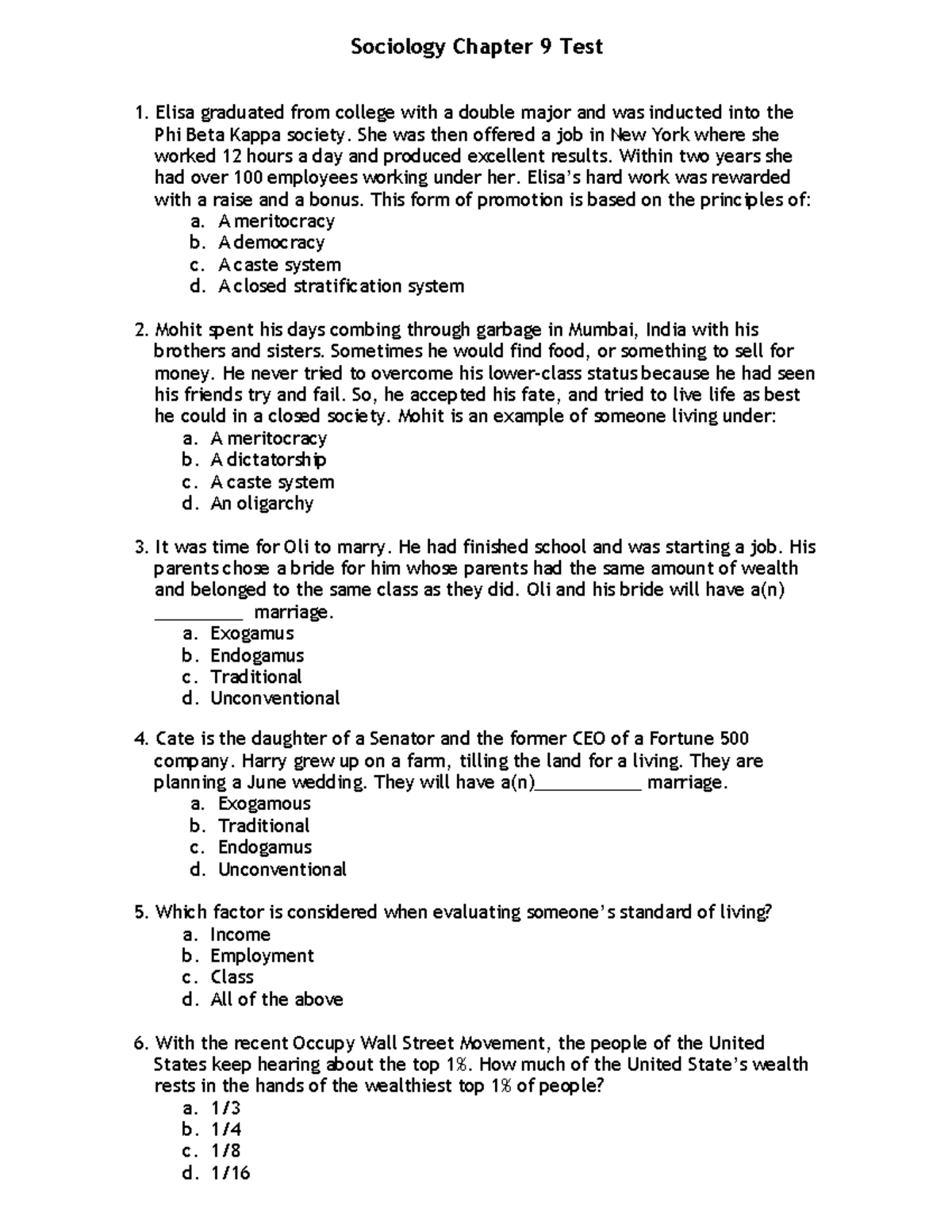 Ch 9 Soc Test - Chapter 9 - Sociology Chapter 9 Test Elisa graduated ...