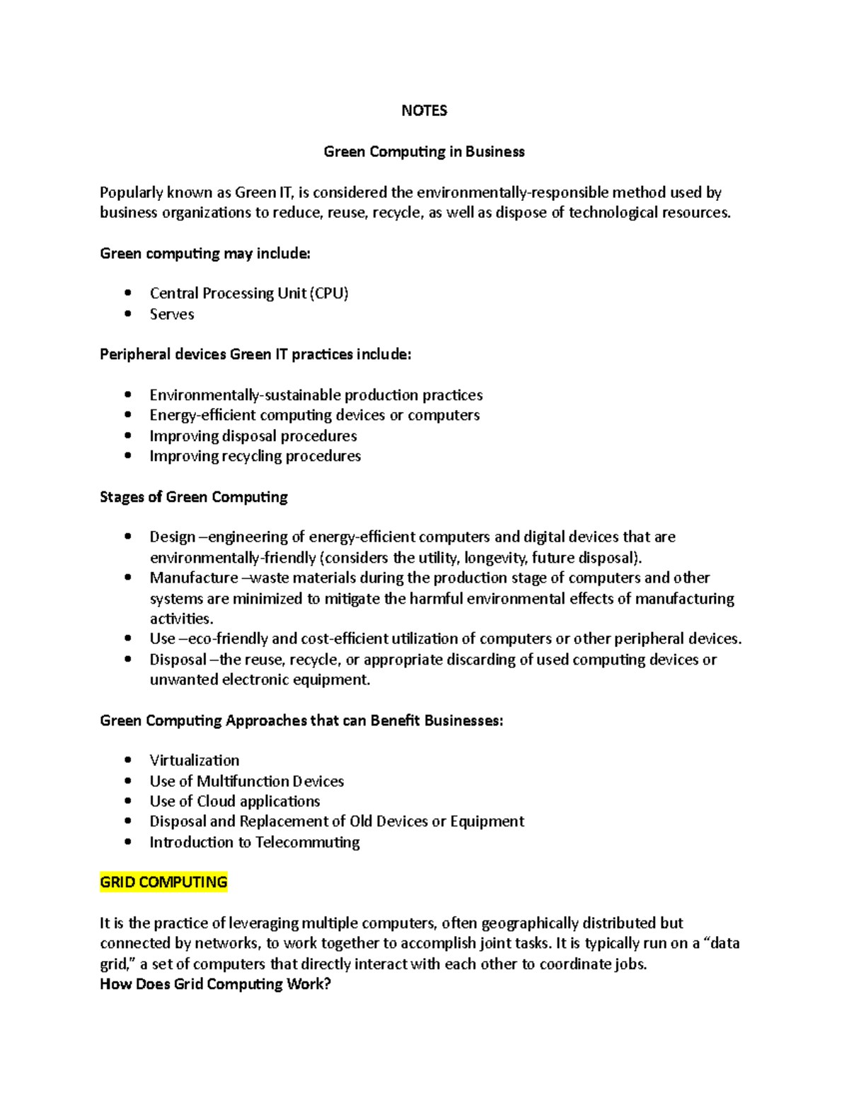 Green Computing in Business Notes - NOTES Green Computing in Business ...