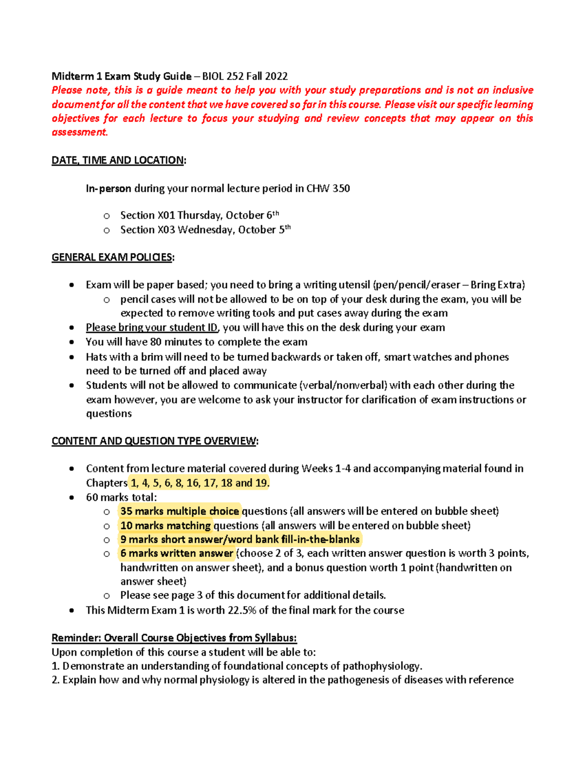 Midterm Exam 1 SG B252 F22 - Midterm 1 Exam Study Guide – BIOL 252 Fall 202 2 Please note, this ...