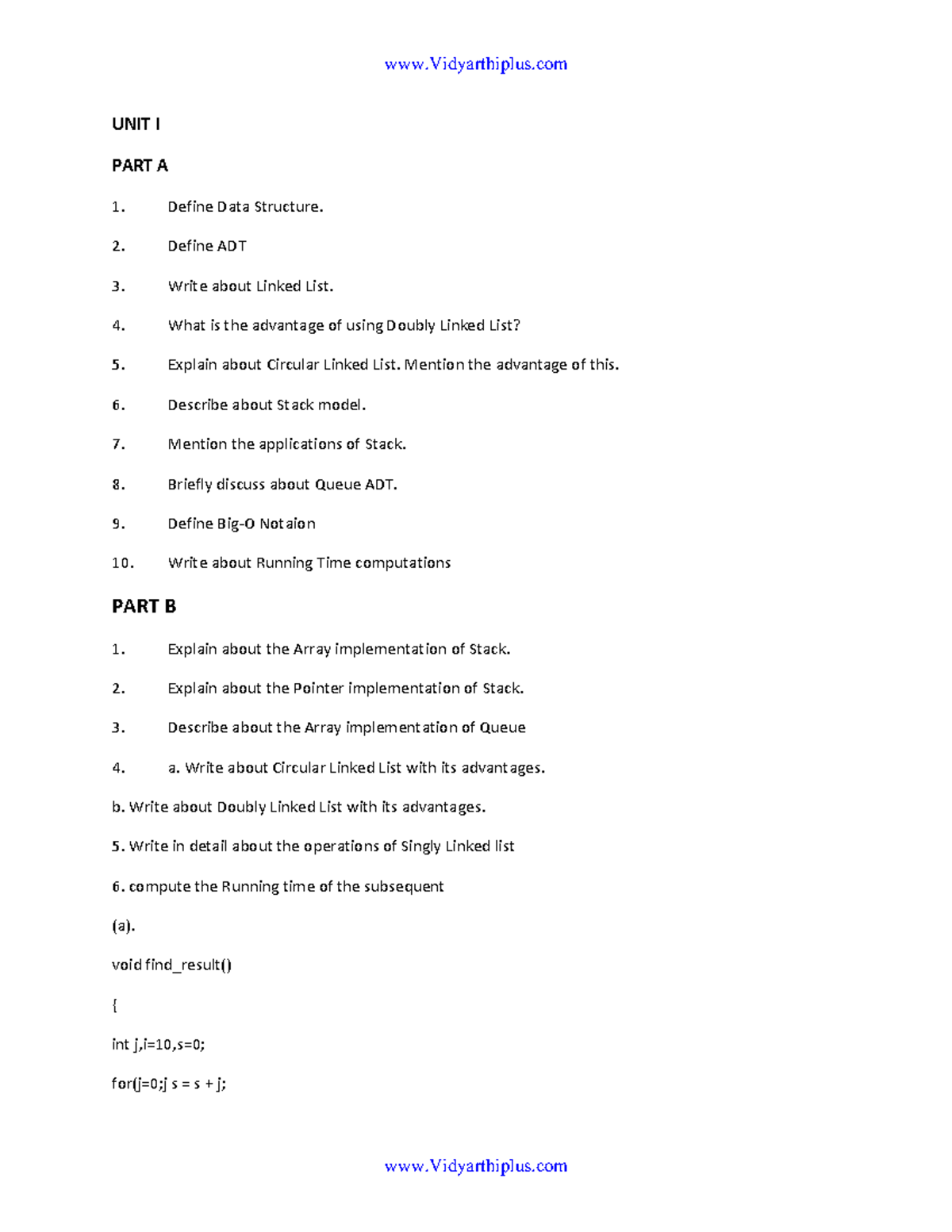 Dsa qbank - question bank - UNIT I PART A Define Data Structure. Define ADT Write about Linked ...