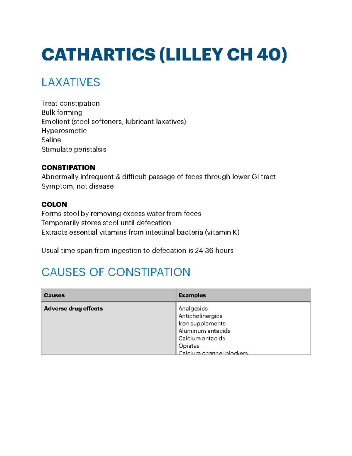 Module 8 - CATHARTICS (LILLEY CH 40) LAXATIVES Treat constipation Bulk ...