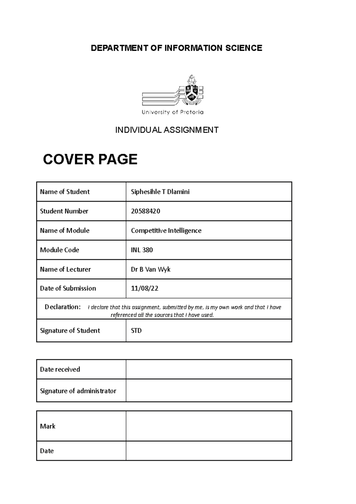 INL 380 - Practical 2 - DEPARTMENT OF INFORMATION SCIENCE INDIVIDUAL ...