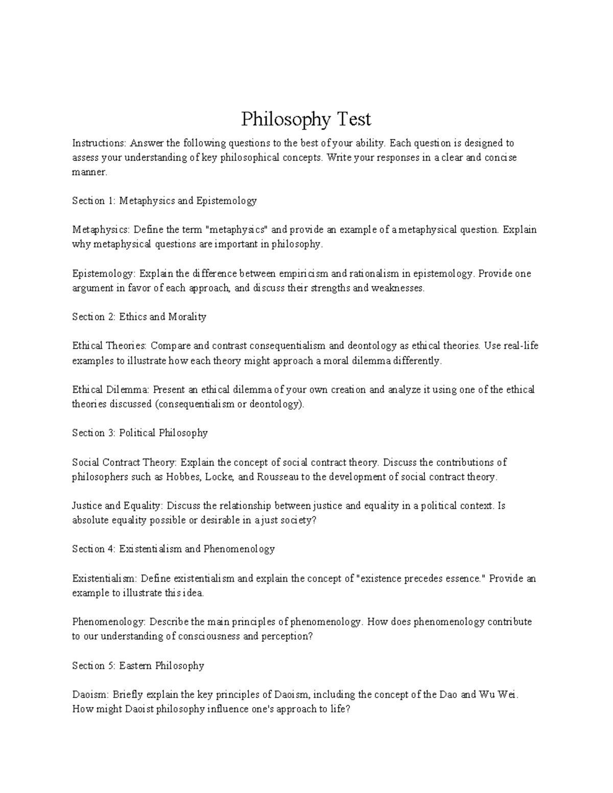 History Test104 - Philosophy Test Instructions: Answer the following ...