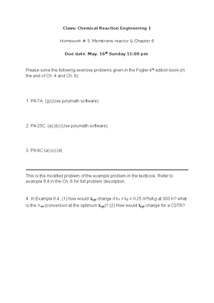 Chemical Reaction Engineering Homework #4 questions - CHEMICAL KINETICS ...