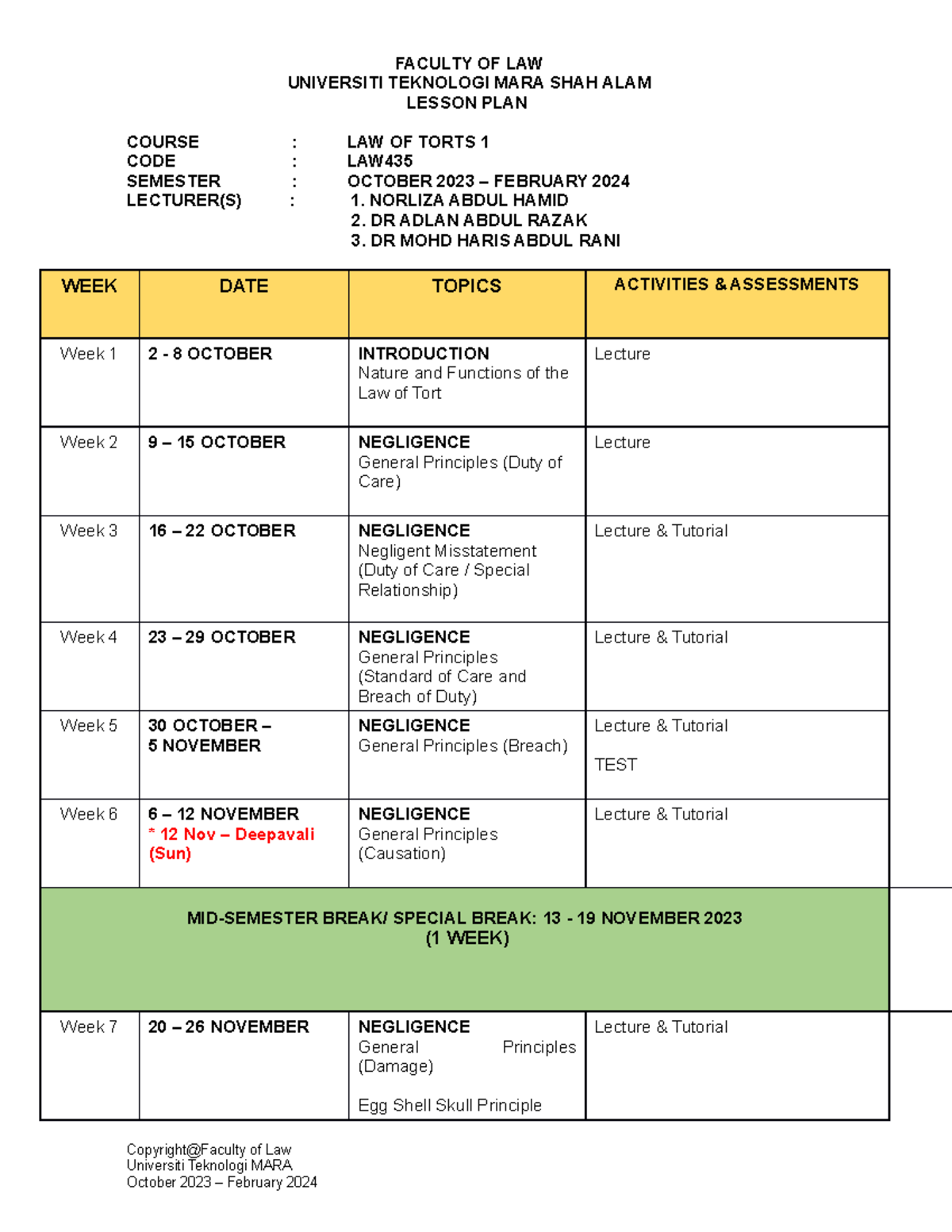 LAW435 Lesson PLAN OCT 2023 - FEB 2024 - FACULTY OF LAW UNIVERSITI ...