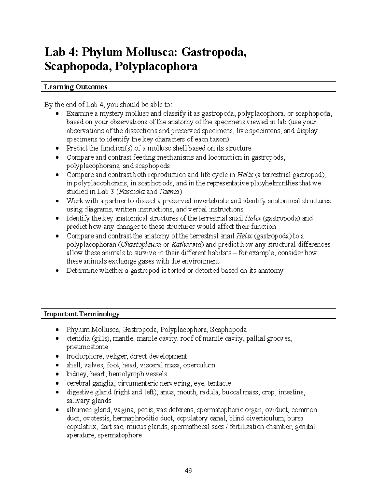 Lab Manual 2022 Lab 4 5 Mollusca v2 - Lab 4: Phylum Mollusca: Gastropoda, Scaphopoda ...