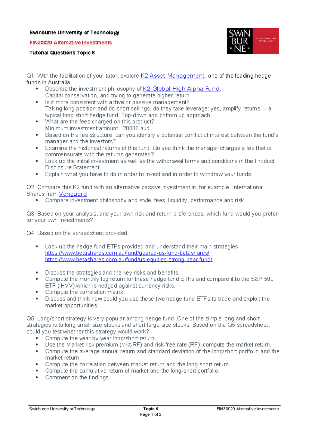 Week 6 Tutorial Questions - Swinburne University of Technology Topic 5 ...