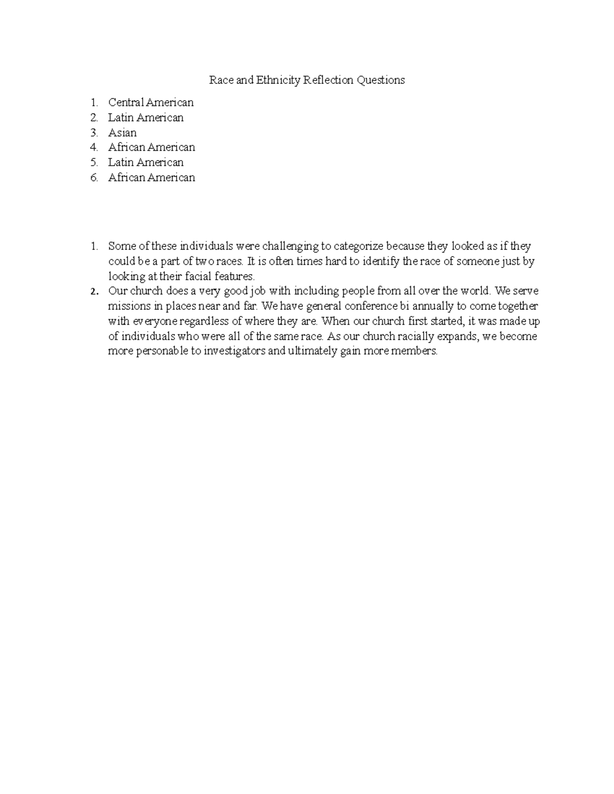 Race and ethnicity reflection questions 9 - Race and Ethnicity ...