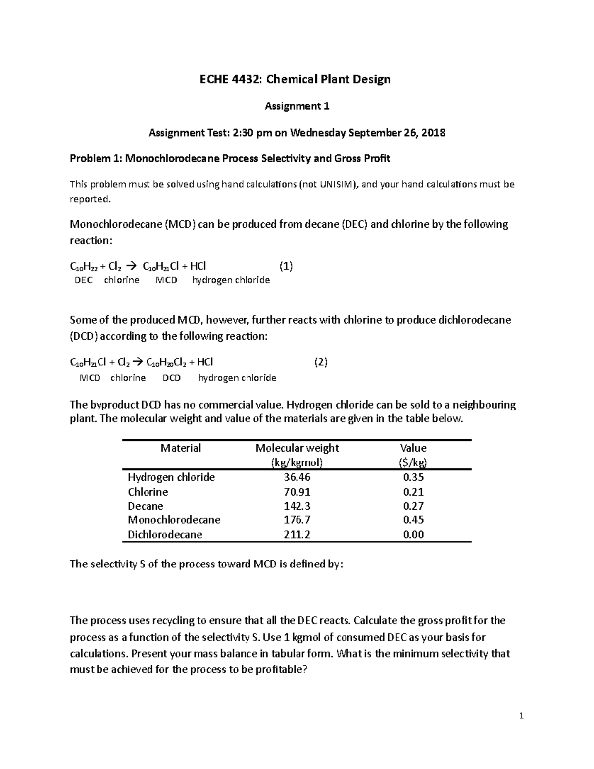 Assignment 1 - Fall 2018 - ECHE 4432: Chemical Plant Design Assignment ...