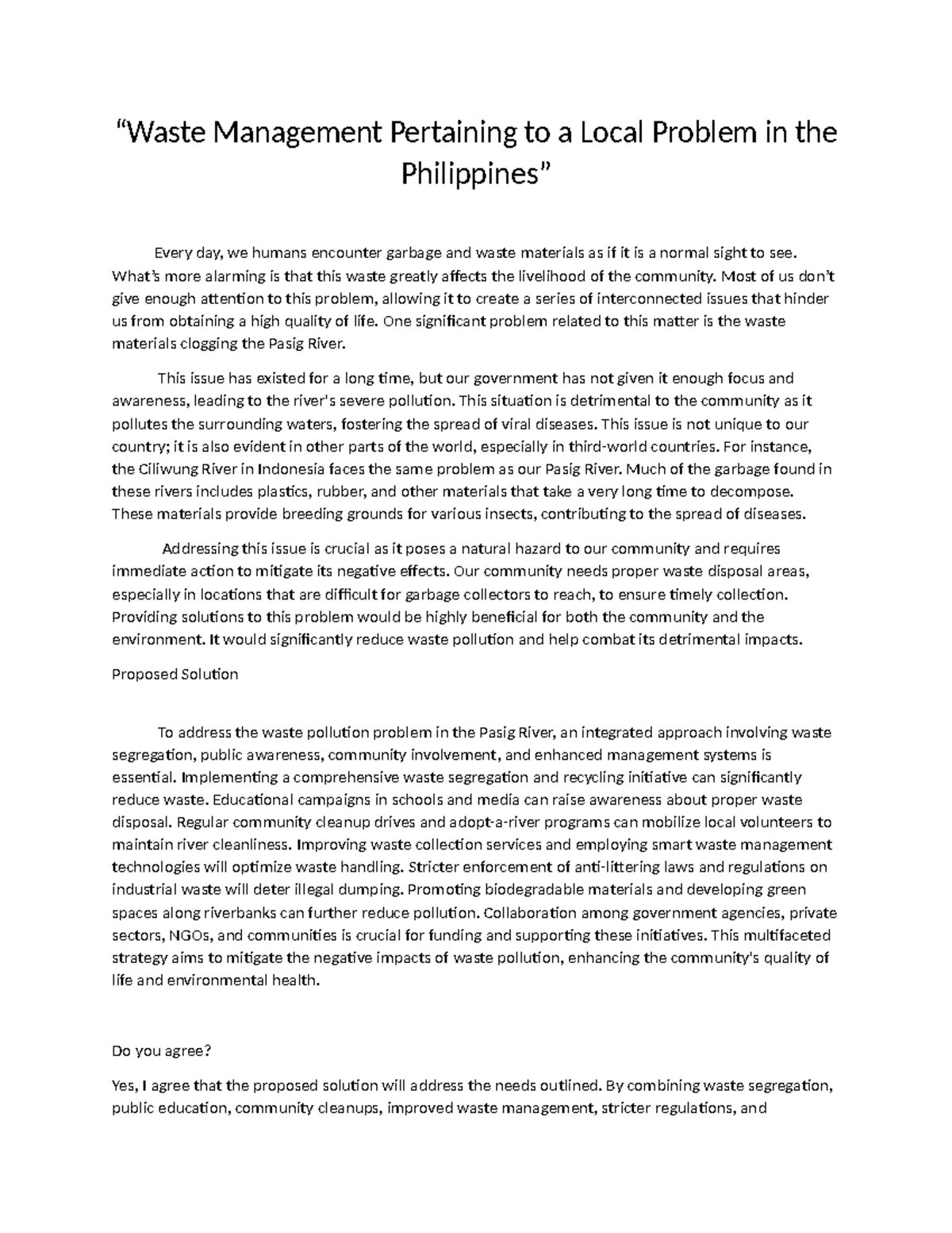 Waste Management Pertaining to a Local Problem in the Philippines ...