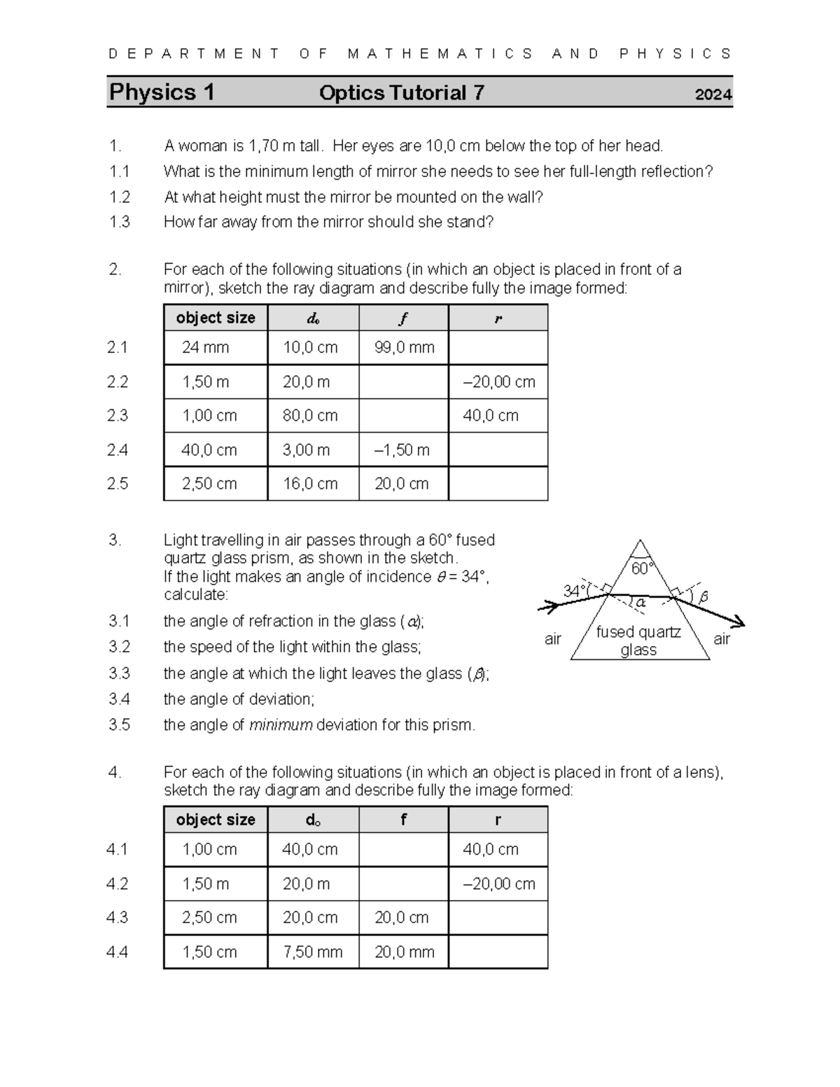 Optics tut - Practise material - D E P A R T M E N T O F M A T H E M A ...