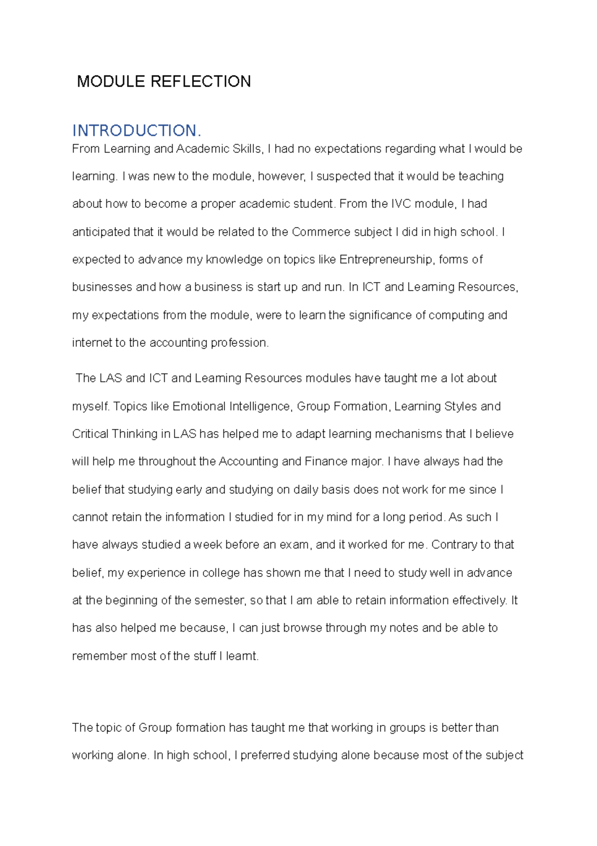 Module Reflection - MODULE REFLECTION INTRODUCTION. From Learning and ...
