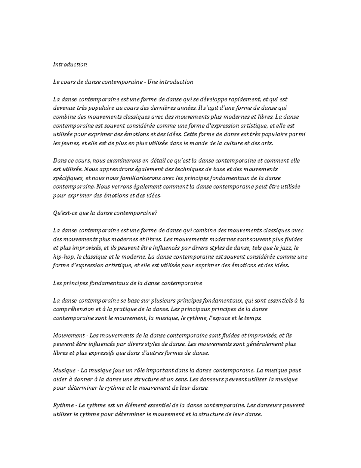 Contemporary Dance Study Notes - Introduction Le cours de danse ...