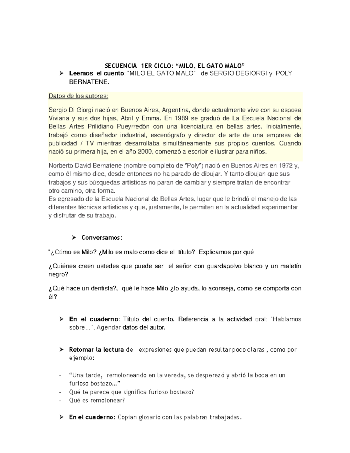 PDF Lengua Plurigrado 1 Milo el gato malo - SECUENCIA 1ER CICLO: