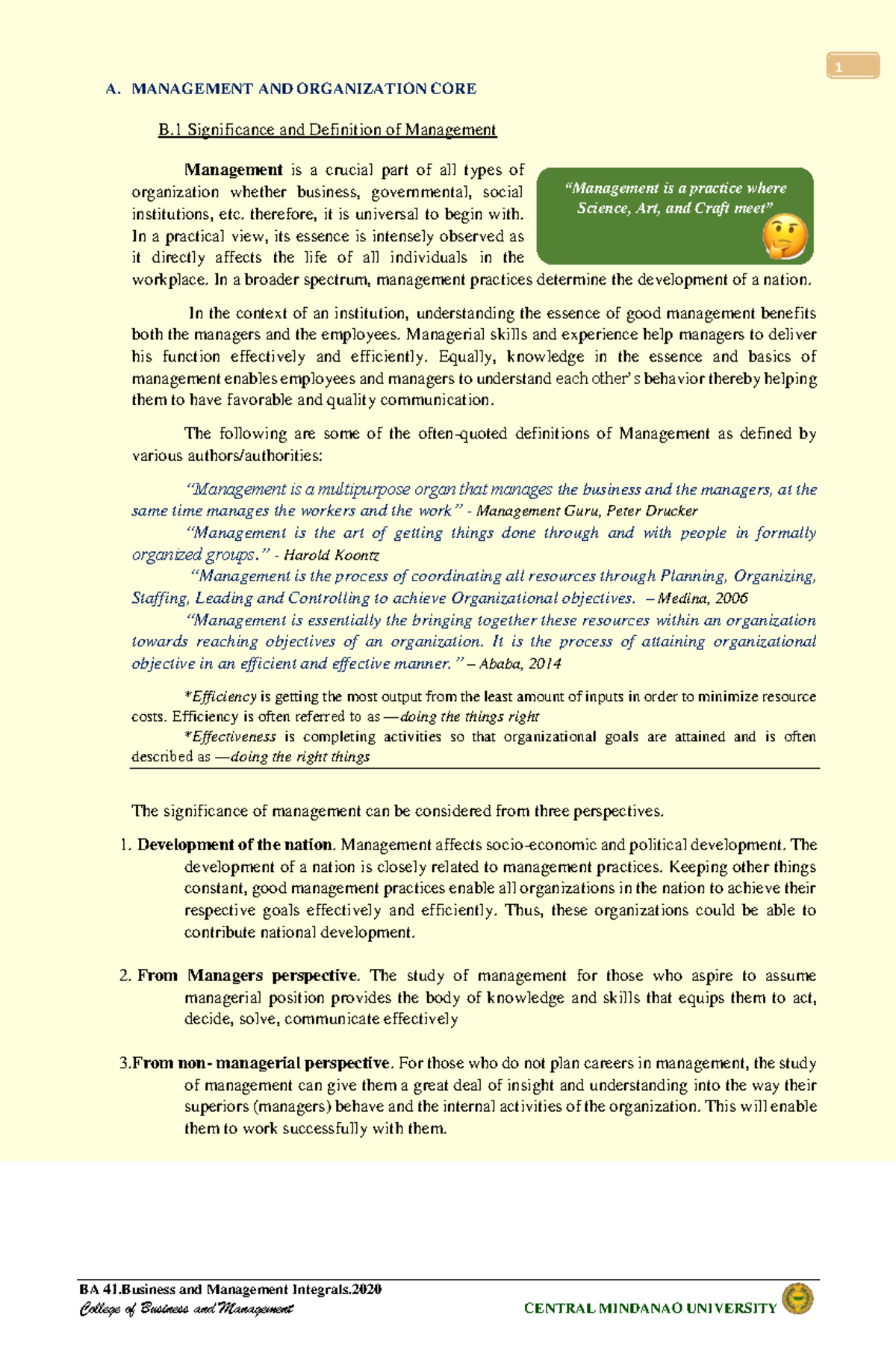 BMI ch1 B 1 - Complete module for 1st semester midterm coverage. - BA 41 and Management ...