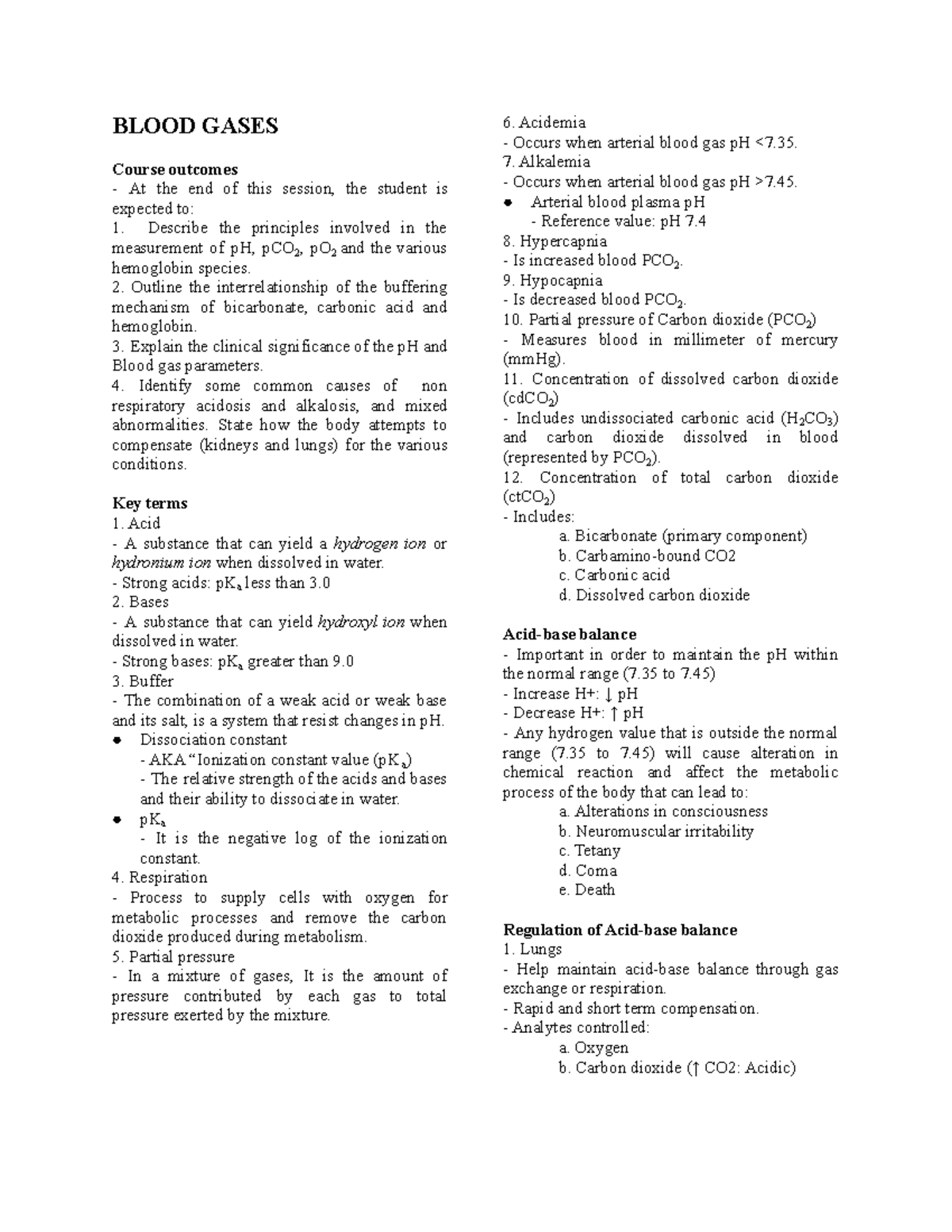 Blood Gases - BLOOD GASES Course outcomes At the end of this session ...