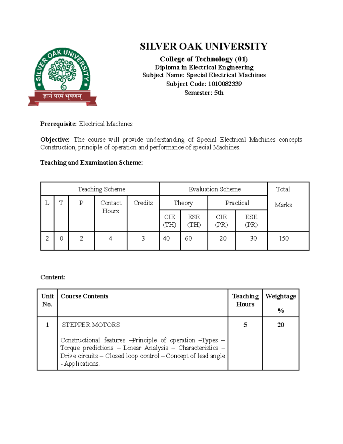 Special Electrical Machines - Teaching and Examination Scheme: Teaching ...