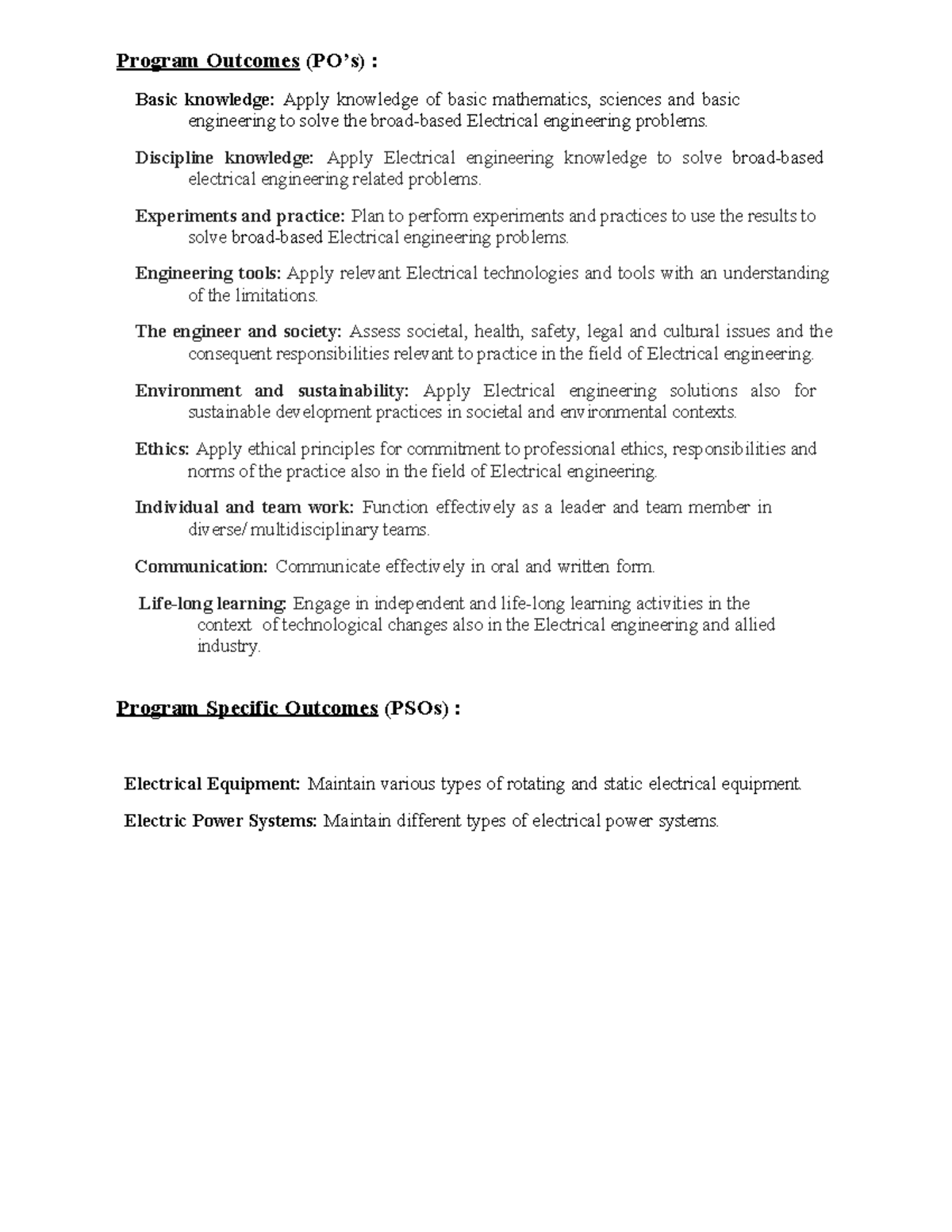 Program Outcomes - Discipline knowledge: Apply Electrical engineering ...