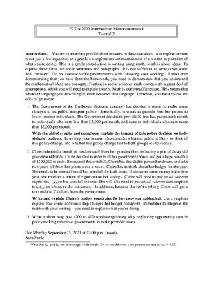 Econ2000 Tutorial 1 2023 - ECON 2000 Intermediate Microeconomics I Tutorial 1 Instructions. Your ...