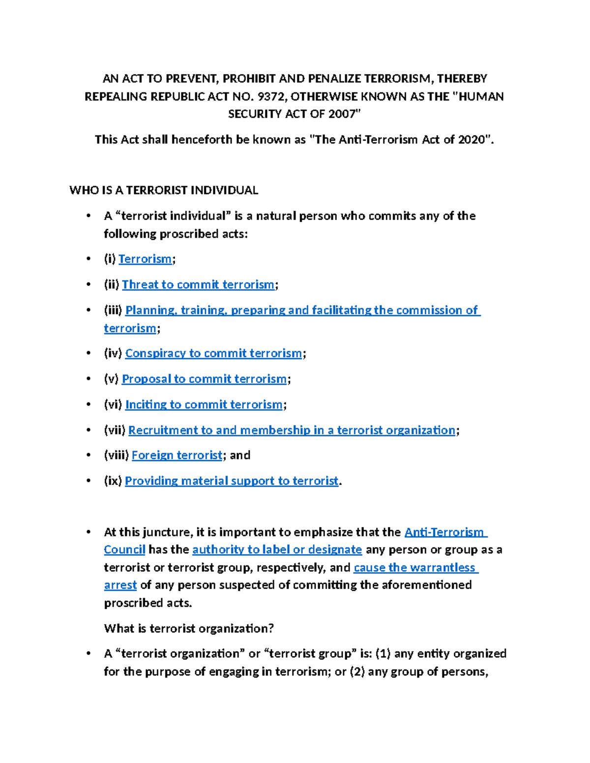 ANTI- Terror LAW- Manliclic - AN ACT TO PREVENT, PROHIBIT AND PENALIZE ...