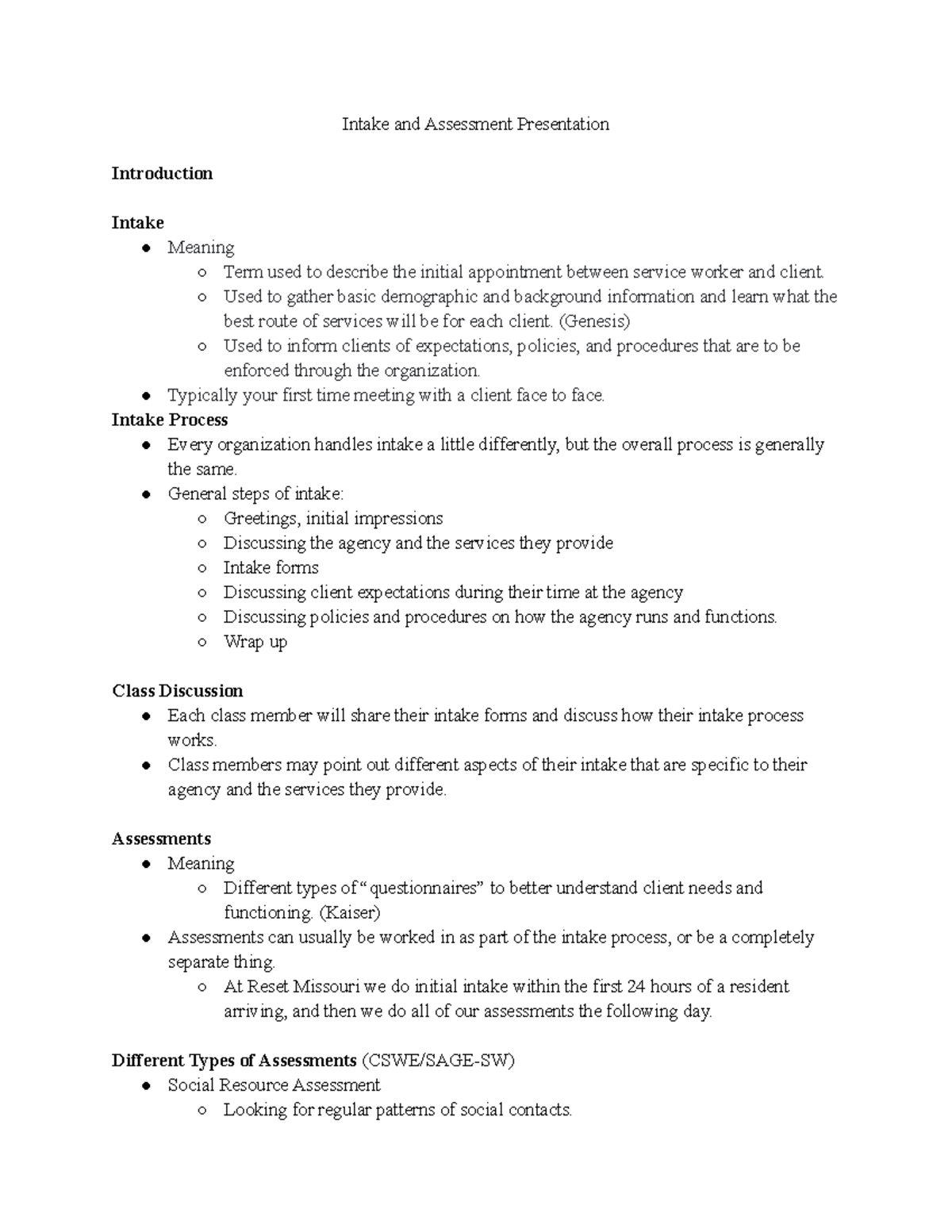 Soc Wk 4801 Intake and Assessment Presentation Outline - Intake and ...
