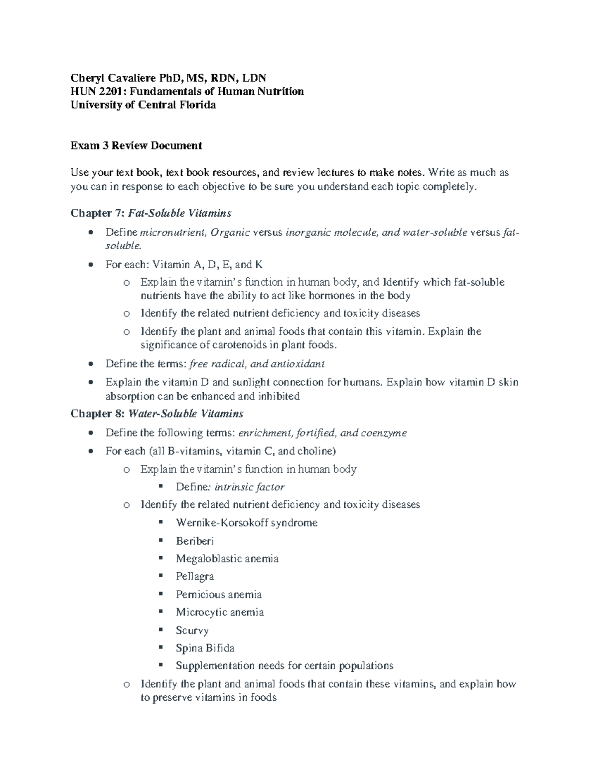 Exam 3 Review Document - Study Guide - Cheryl Cavaliere PhD, MS, RDN ...
