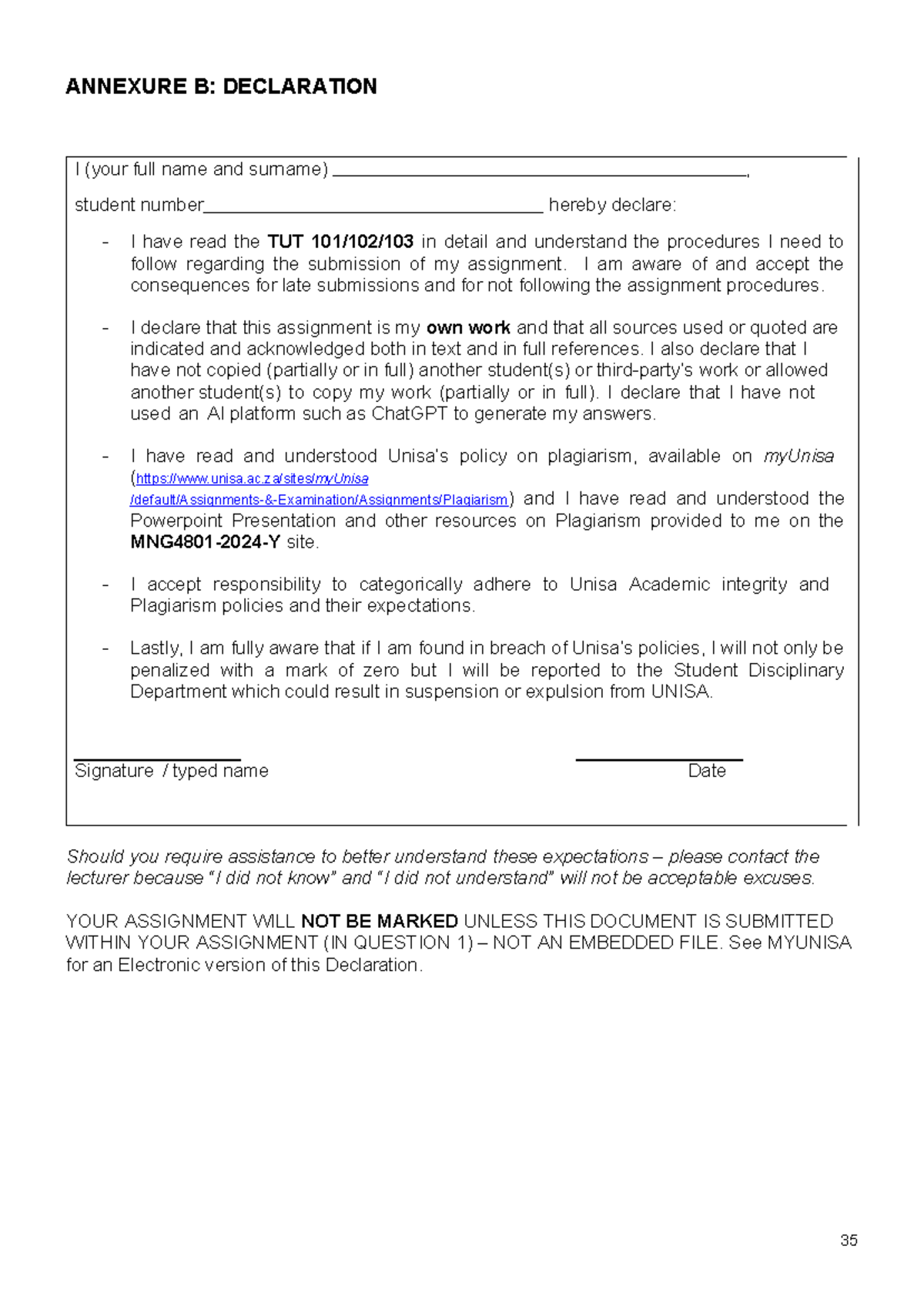 MNG4801 Declaration statement - ANNEXURE B: DECLARATION I (your full ...