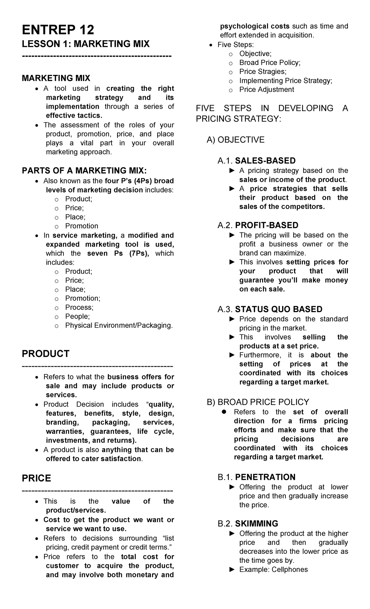 Entrep 12 Lecture 1 - this - ENTREP 12 LESSON 1: MARKETING MIX ...