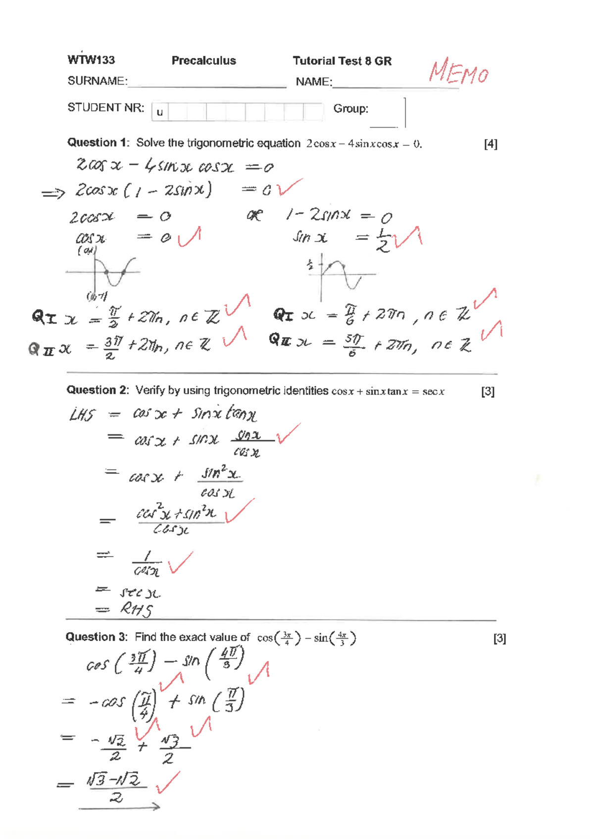 TT8 All Memos - they help us a lot - WTW133 Precalculus Tutorial Test 8 ...