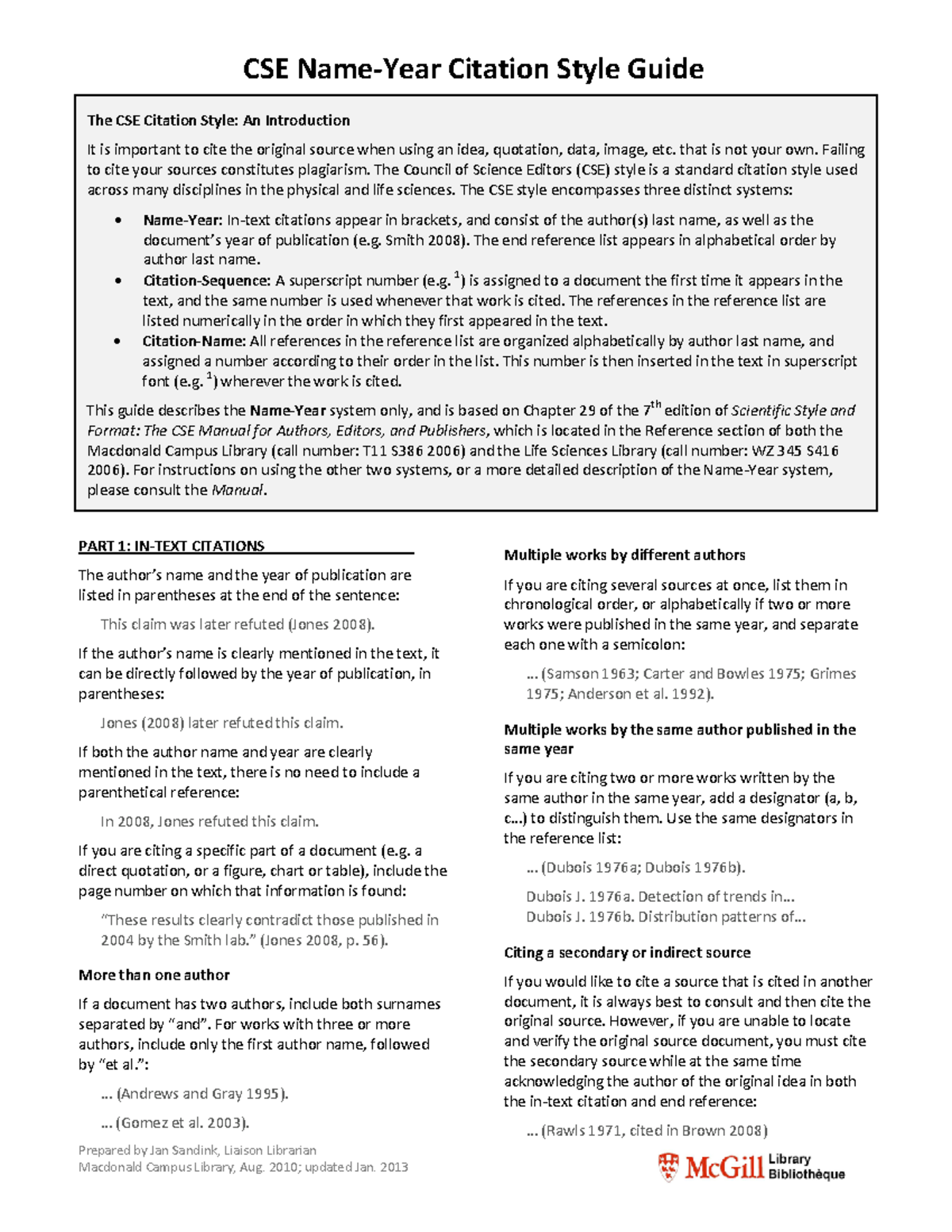 CSE N-Y Citation Guide - Prepared by Jan Sandink, Liaison Librarian The ...