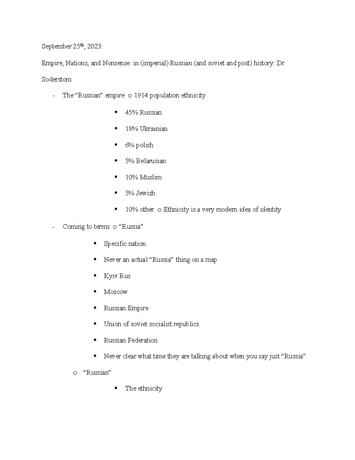 Historical Methods Notes - September 25 th , 2023: Empire, Nations, and ...